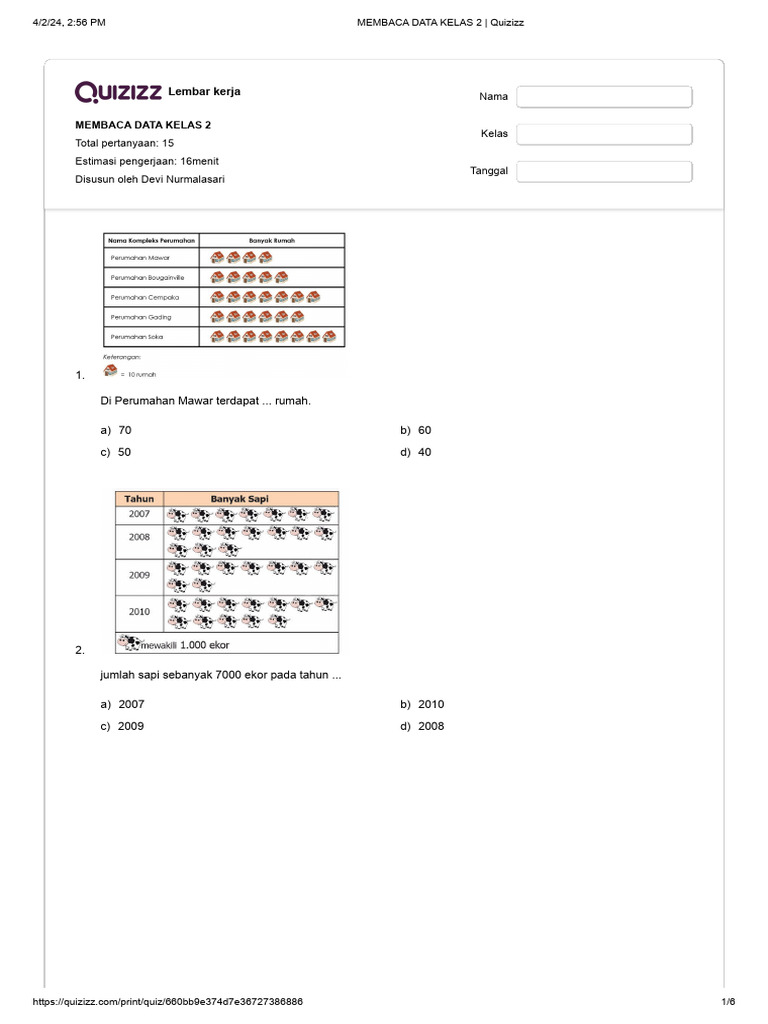 Kuis Data Kelas 2: 15 Pertanyaan | PDF