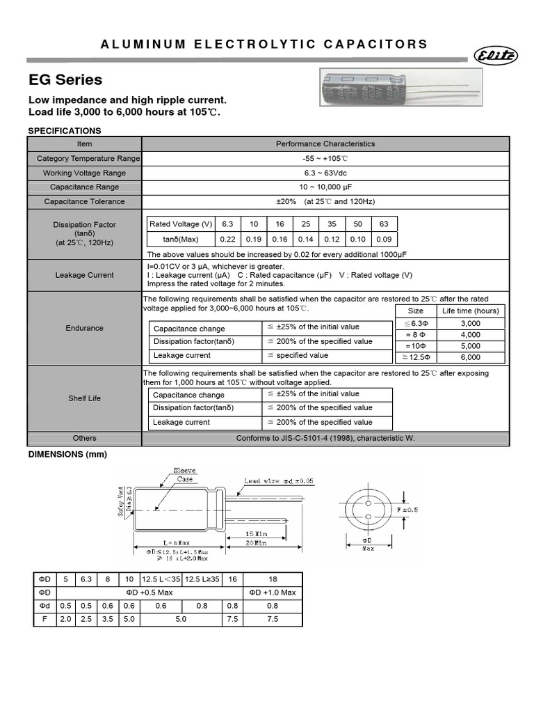 Aluminum Electrolytic Capacitors EG Series | PDF | Capacitor | Physical ...