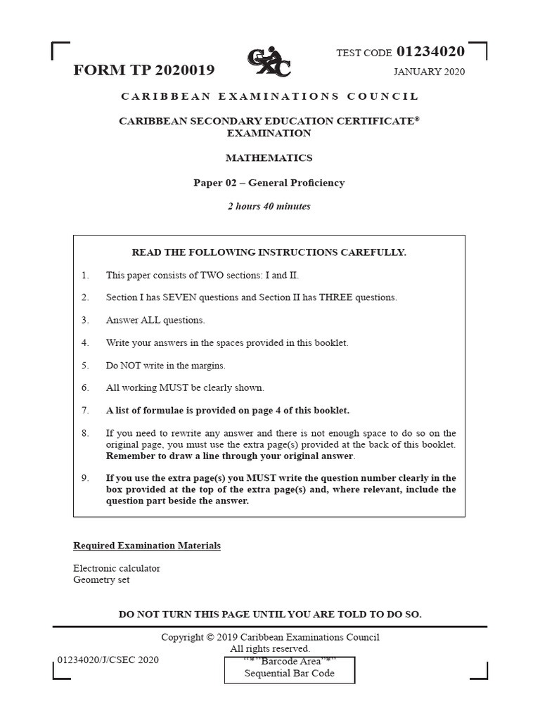 CSEC Mathematics January 2020 P2 | PDF | Area | Circle
