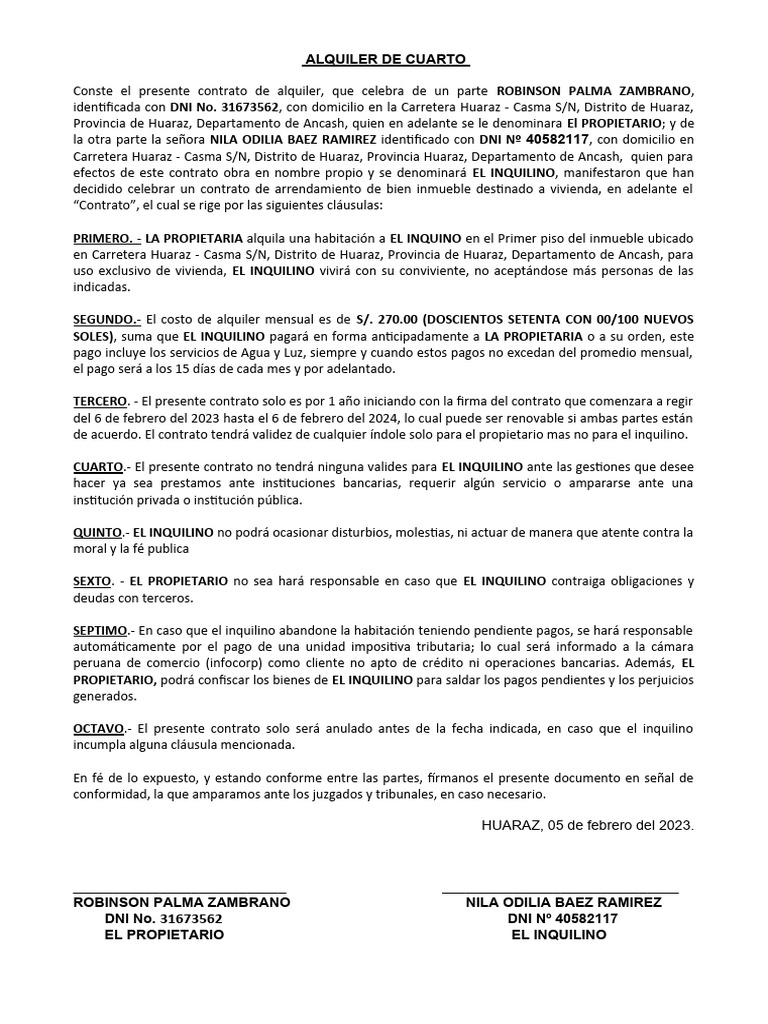 Contrato de Alquiler de Cuartos | PDF
