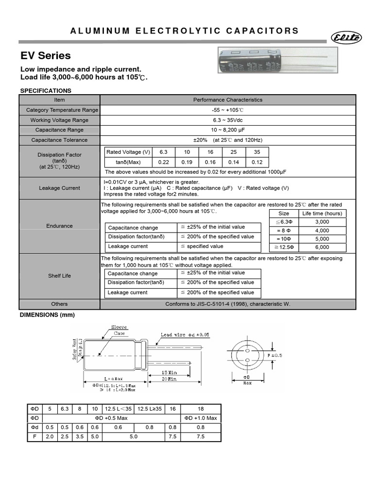 Elite (Radial Thru-Hole) EV Series | Download Free PDF | Capacitor | Physical Quantities