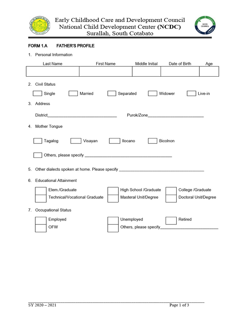 Early Childhood Family Profile Form | PDF | Kinship And Descent | Family