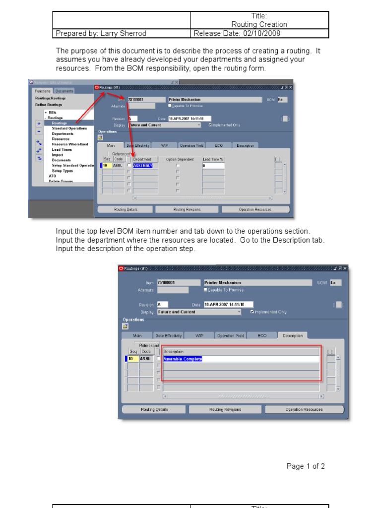 Create Routing Oracle BOM | PDF