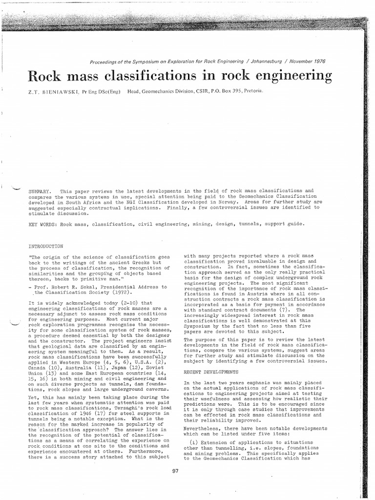 Bieniawski1976-Rock Mass Classifications in Rock Engineering | PDF