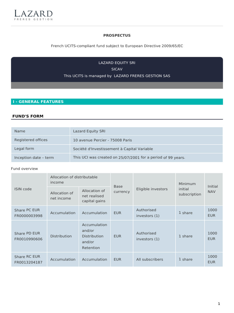LAZARD EQUITY SRI - Funds Prospectus - English (UK) | PDF | Financial Risk | Derivative (Finance)