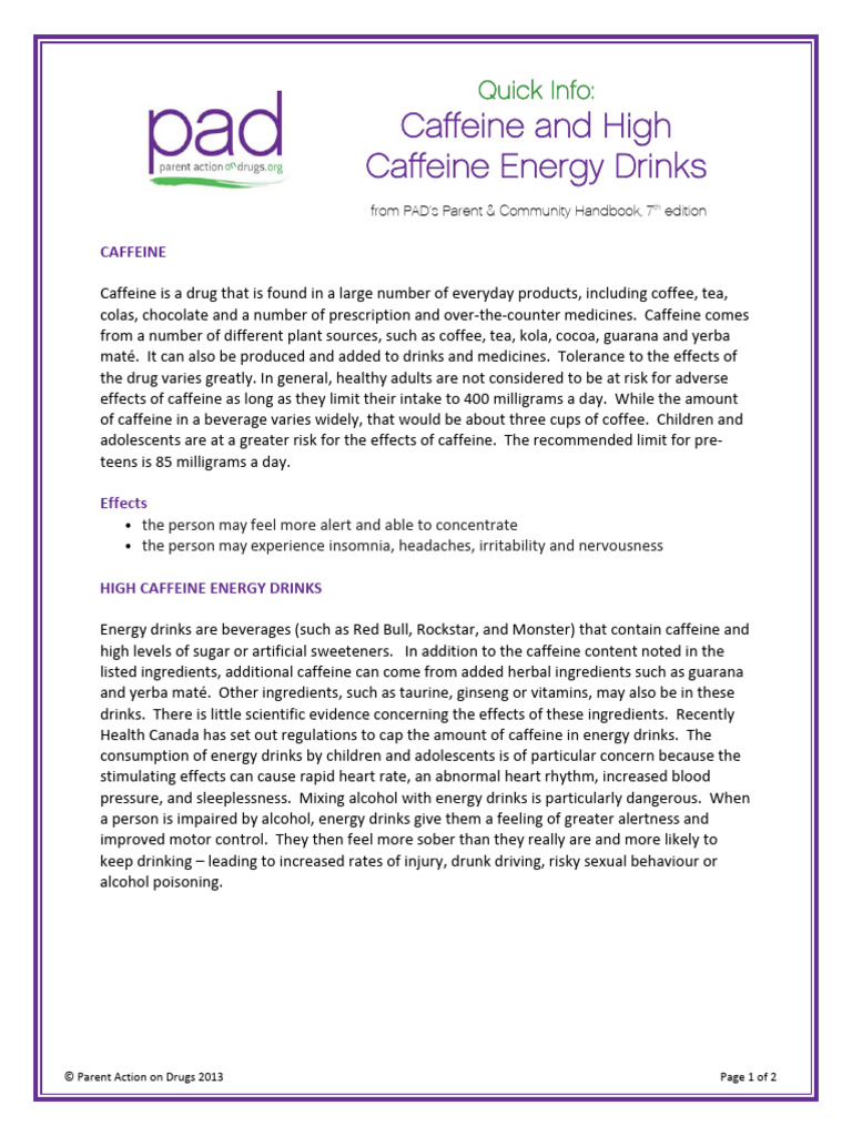 Quick Info About Caffeine and High Caffeine Energy Drinks | PDF ...