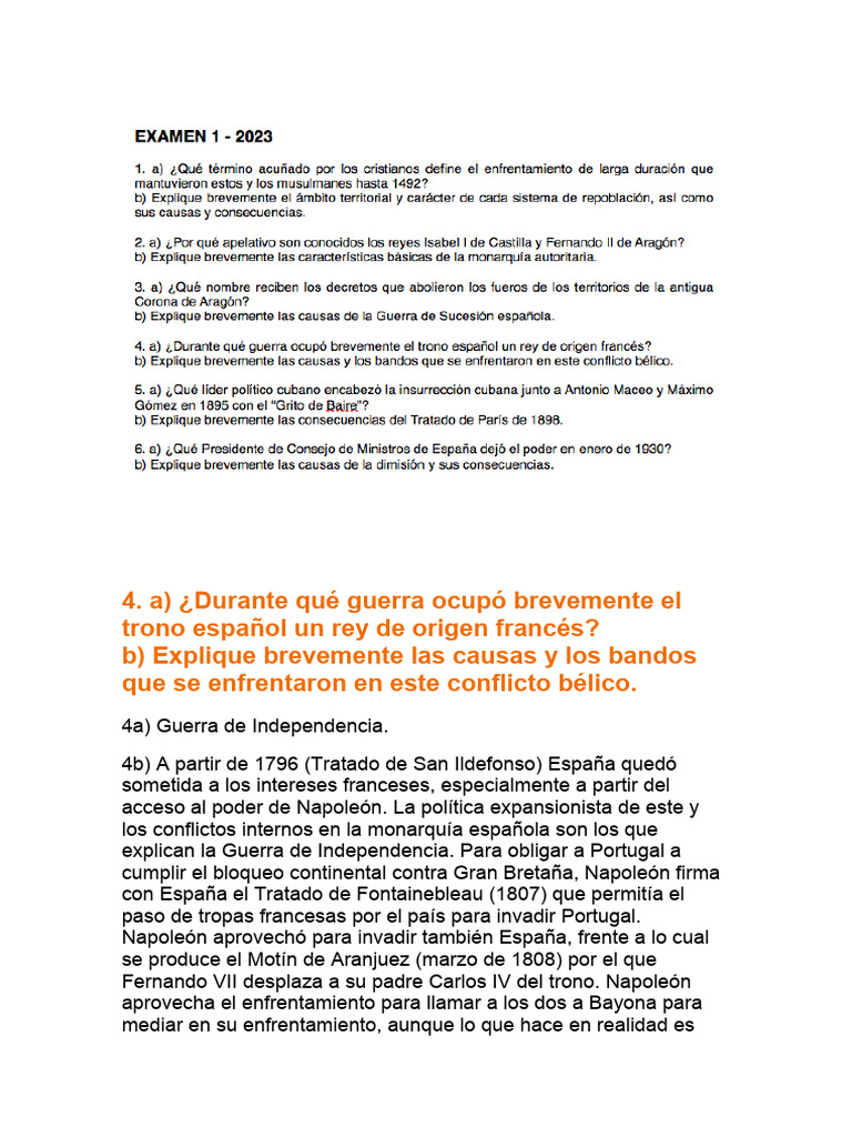 Preguntas Exámenes 2023 Resueltas | Descargar gratis PDF | Guerra peninsular | Napoleón