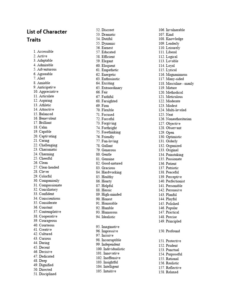 List of Character Traits - EDITED | PDF | Psychological Concepts ...