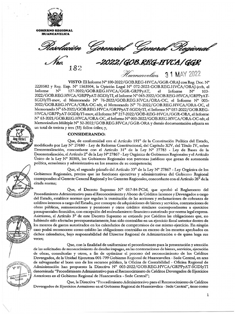 Directiva de Reconocimiento de Deuda - RGGR-182-2022 | PDF