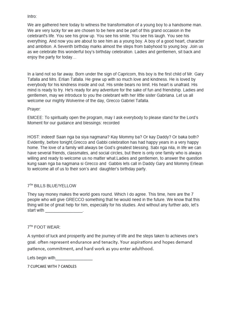 Script 7TH Birthday of Grecco | Download Free PDF | Birthdays