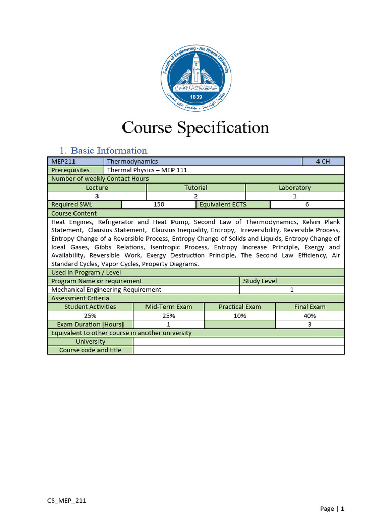 01-MEP 211 Course Specification 2018 MECH | PDF | Second Law Of Thermodynamics | Entropy