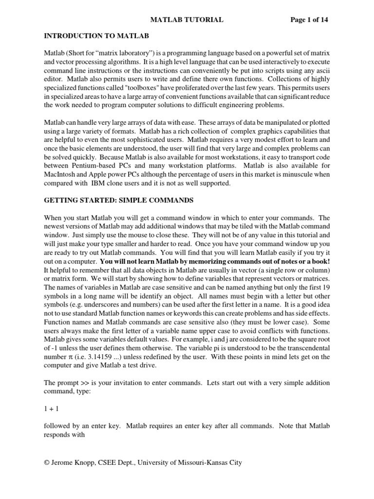 Matlab Tutorial Page 1 Of 14 Introduction To Matlab Pdf Matlab 7836