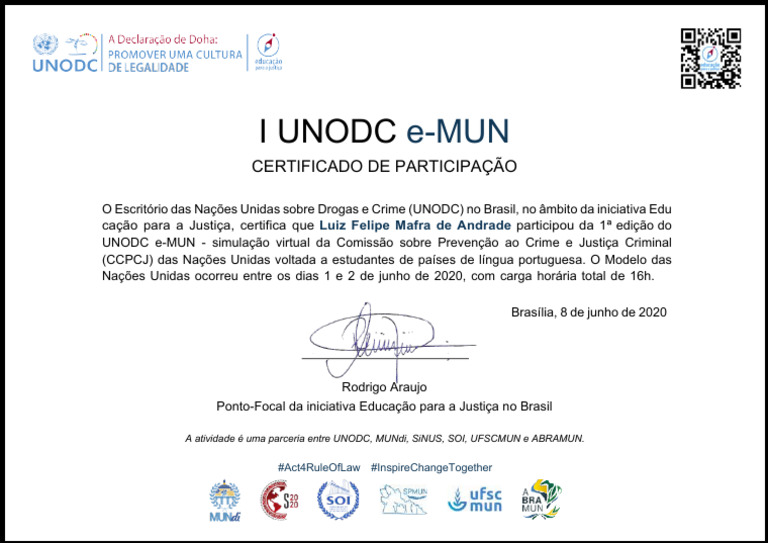 Certificado I UNODC e-MUN - Luiz de Andrade | PDF
