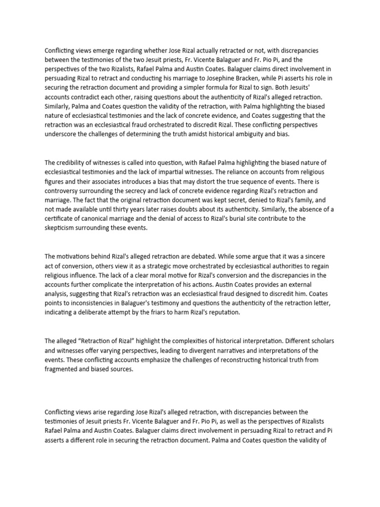 Conflicting Views - Rizal Retraction | PDF | Testimony | Truth