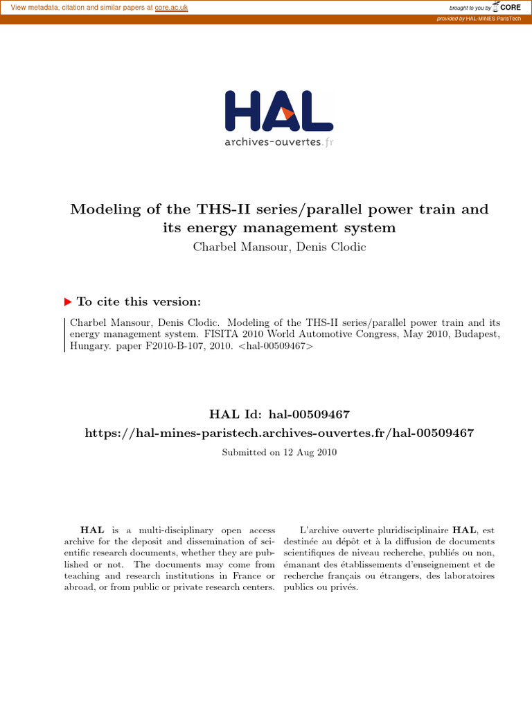 Modeling of The THS-II Series/parallel Power Train and Its Energy Management System | PDF ...