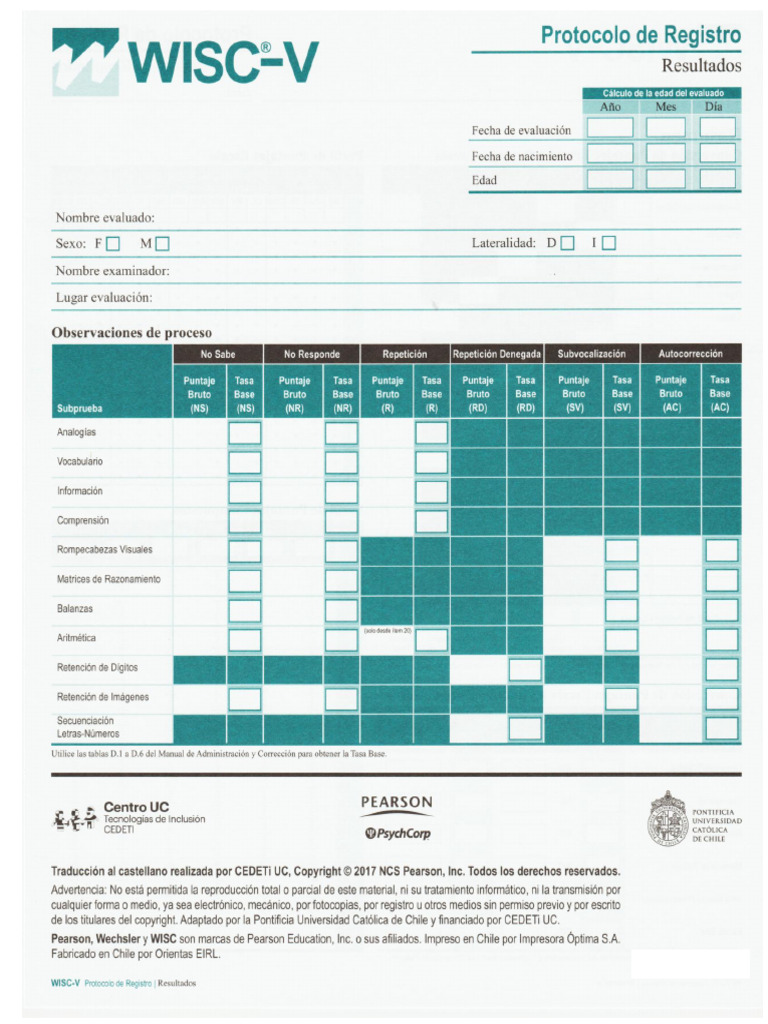 WISC V Protocolo de Resultados | PDF