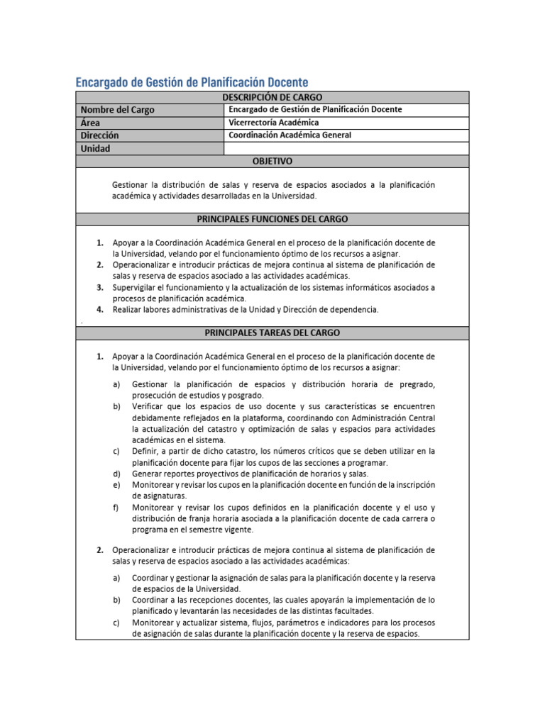 Ejemplo Descriptor de Cargo | PDF | Gestión de recursos humanos | Planificación
