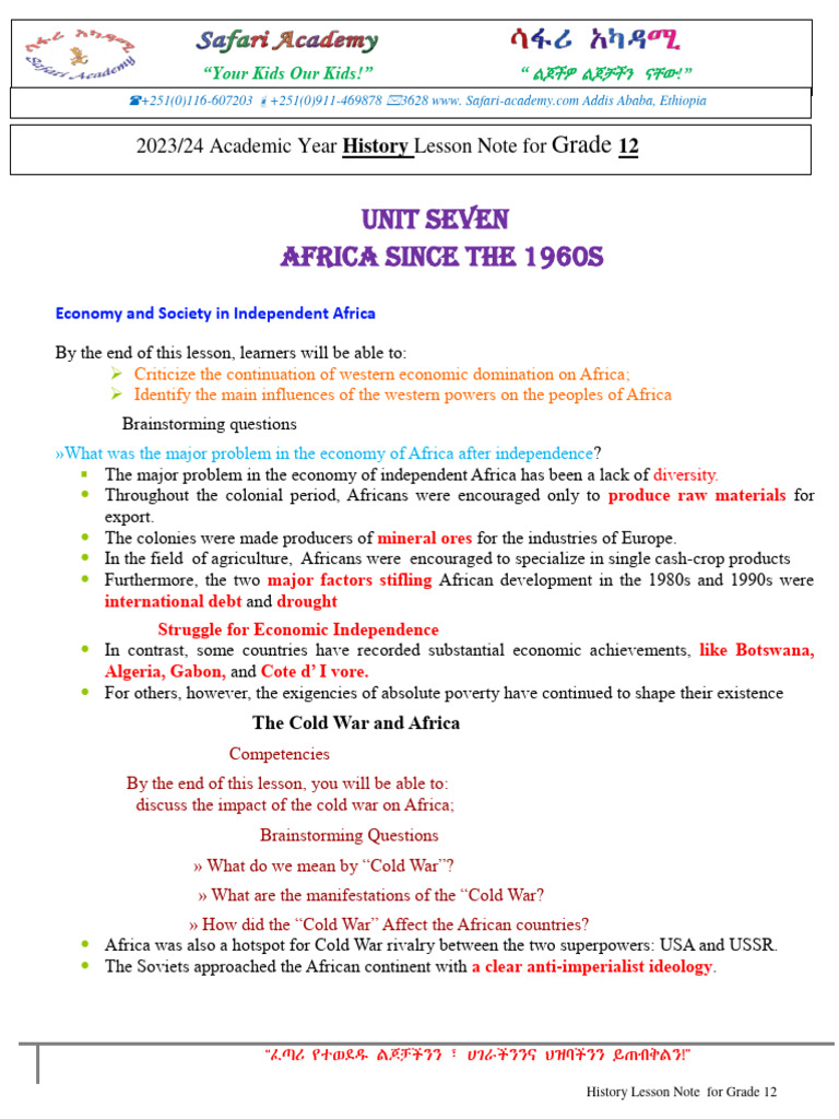 History Lesson Note For Grade 12 | PDF | Pan Africanism | Apartheid