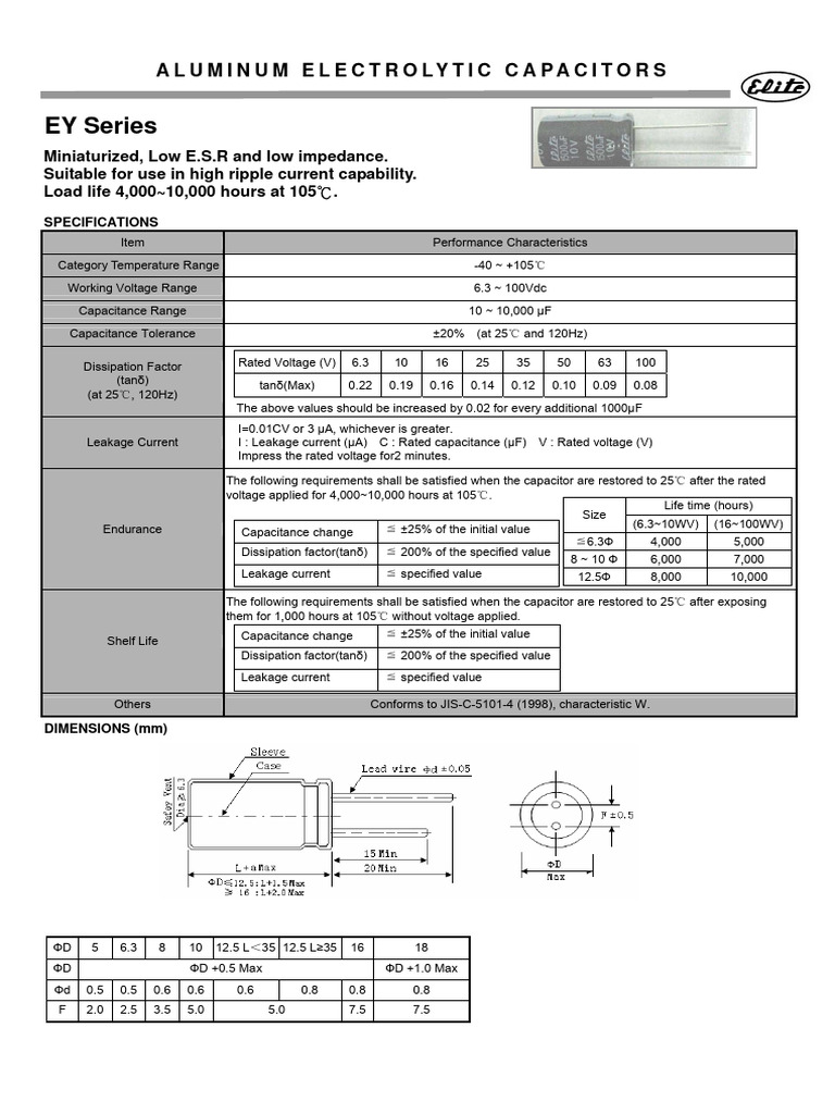 Elite (Radial Thru-Hole) EY Series | PDF | Capacitor | Physical Quantities