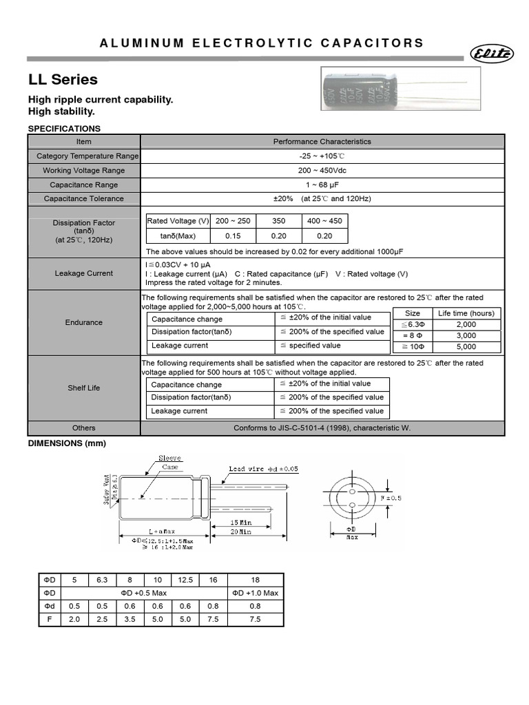 LL Series Aluminum Electrolytic Capacitors | PDF | Capacitor | Capacitance