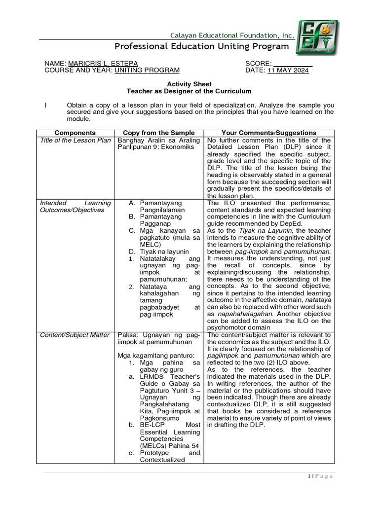 Activity Sheet-Teachers As Designers | PDF | Curriculum | Learning