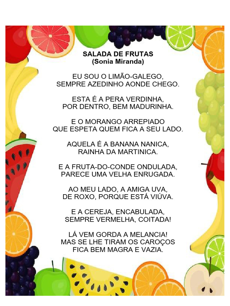 Anexo - Poema SALADA DE FRUTA e Imagens Das Frutas | PDF | Gastronomia, comida e vinho | Casa e ...