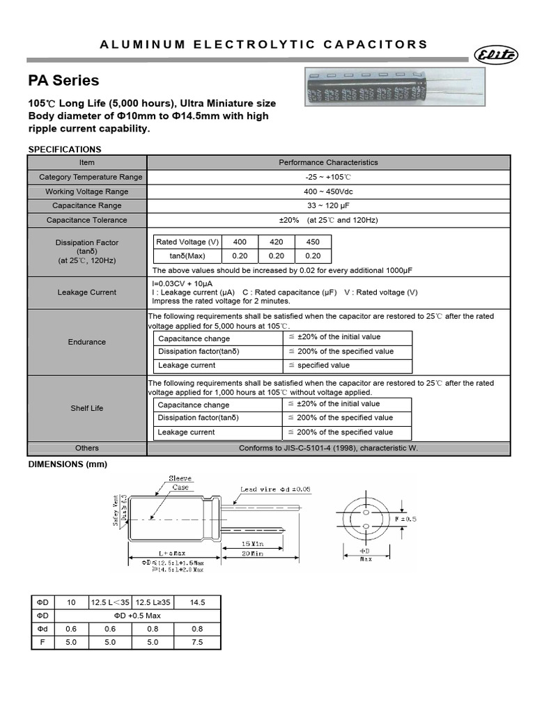 Aluminum Electrolytic Capacitors Specs | PDF | Capacitor | Electrical ...