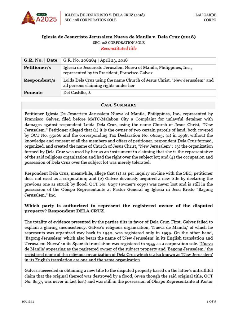 106.241 - Iglesia de Jesucristo Nueva of Manila v. Dela Cruz (2018) - Digest | PDF | Complaint ...