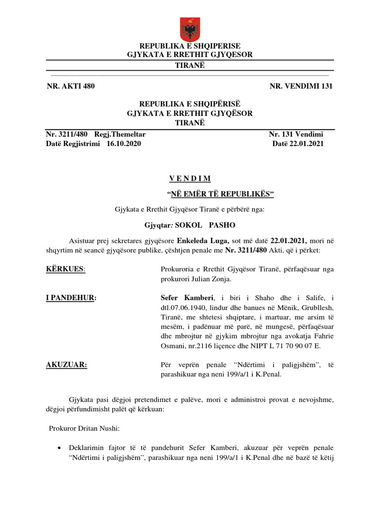 Gjykata e Rrethit Gjyqësor Tiranë, Vendim NR - 131 | PDF