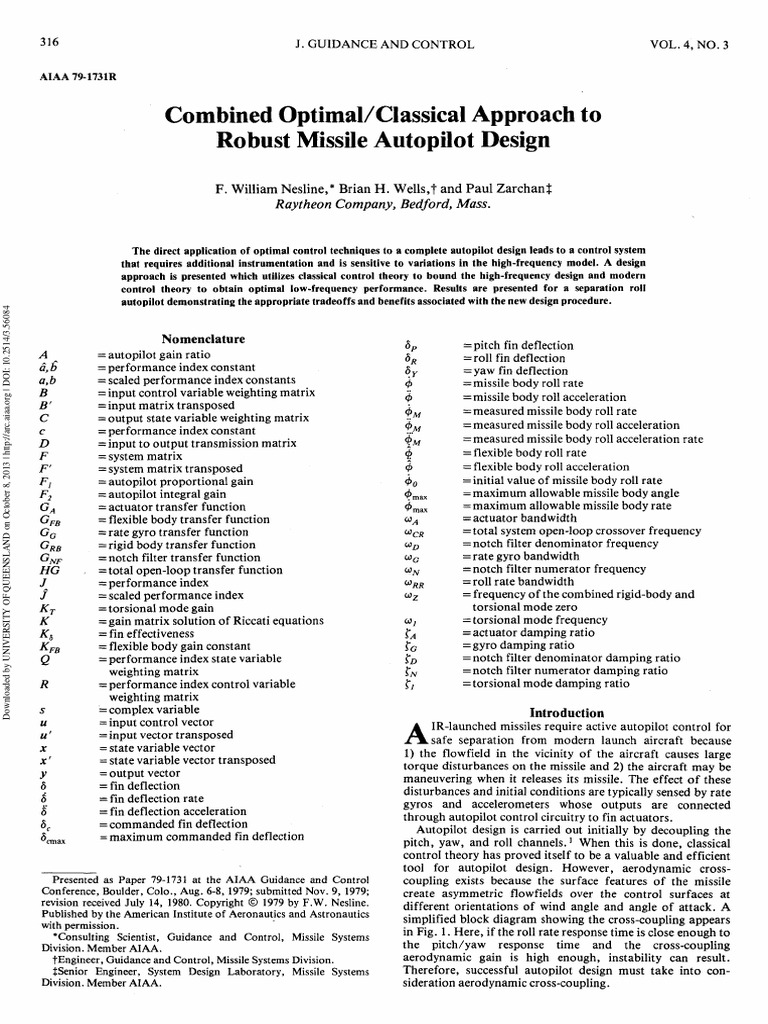 Combined Optimal/Classical Approach To Robust Missile Autopilot Design ...