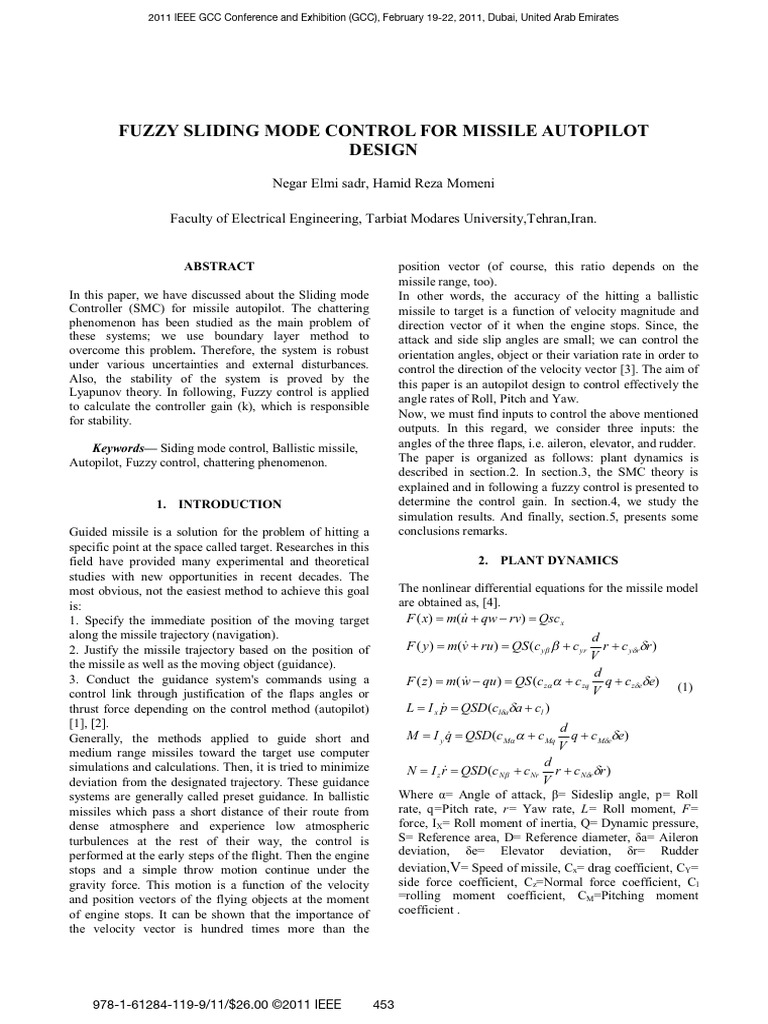 Fuzzy Sliding Mode Control For Missile Autopilot Design3 | PDF | Classical Mechanics | Mechanics