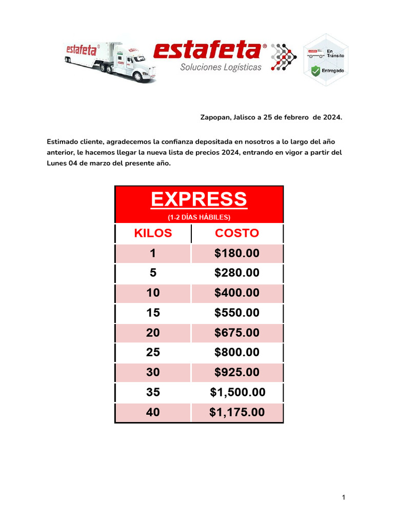 Precios Estafeta 2024 | PDF