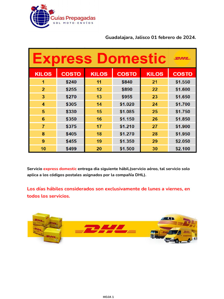 Tarifas y costos de envío DHL 2024 | PDF