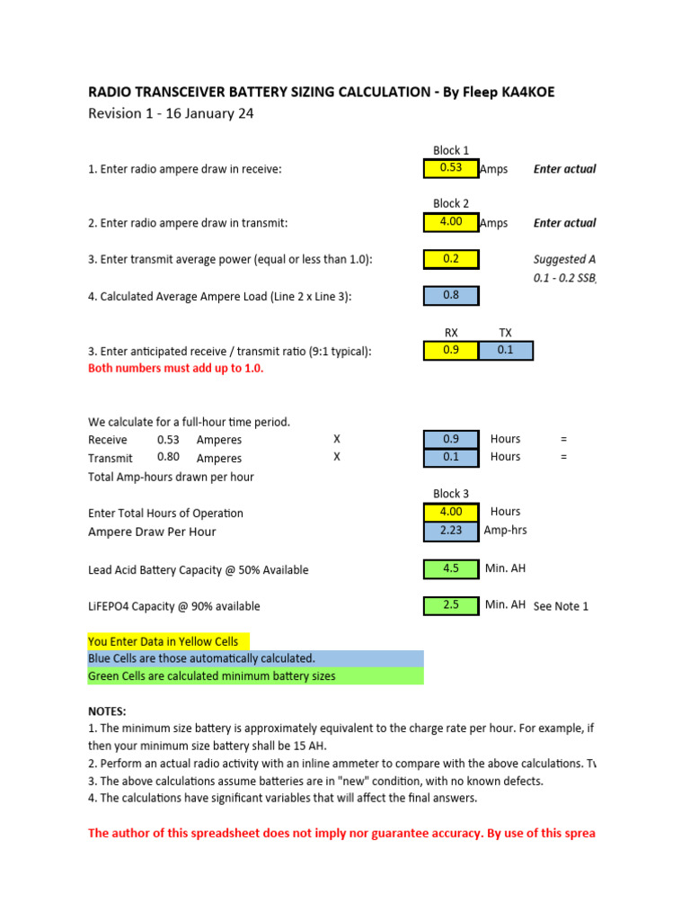 Battery Sizing Calculator by KA4KOE Rev1 1 | PDF | Radio | Electricity