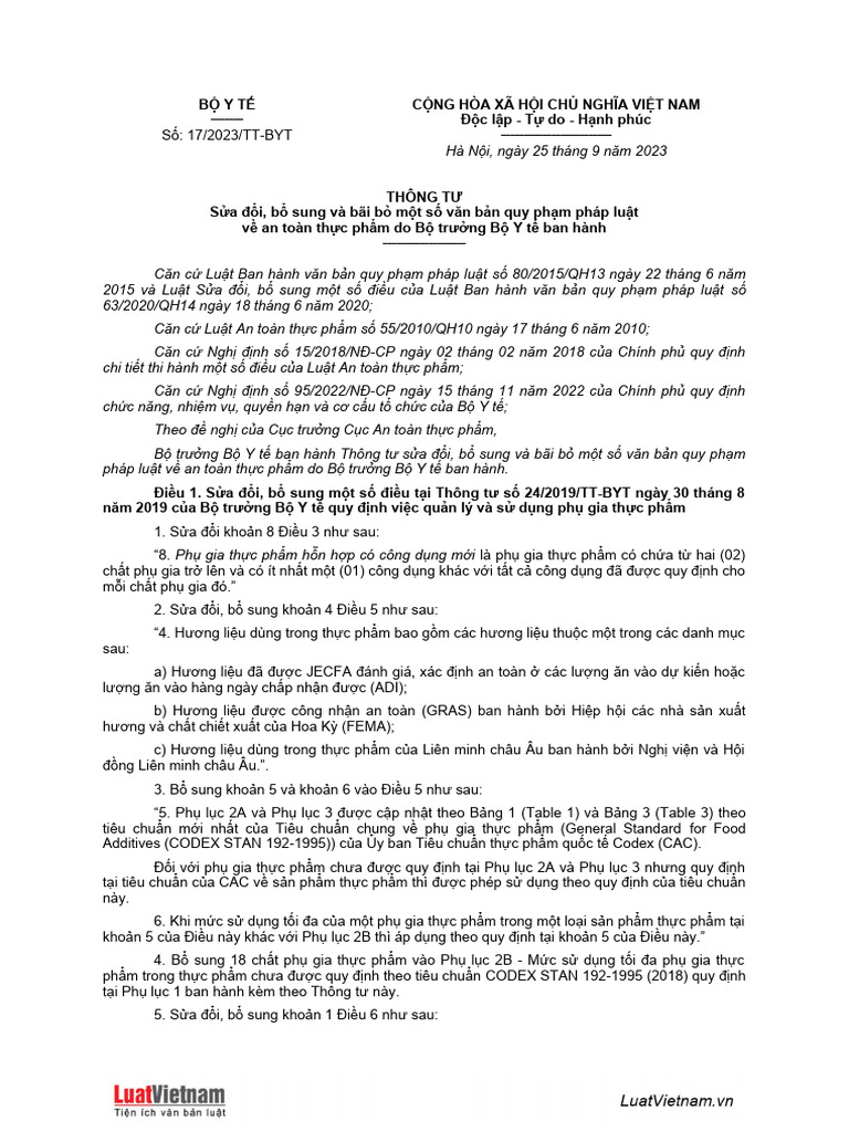 Thong Tu 17 2023 TT Byt Sua Doi Van Ban Ve An Toan Thuc Pham | PDF