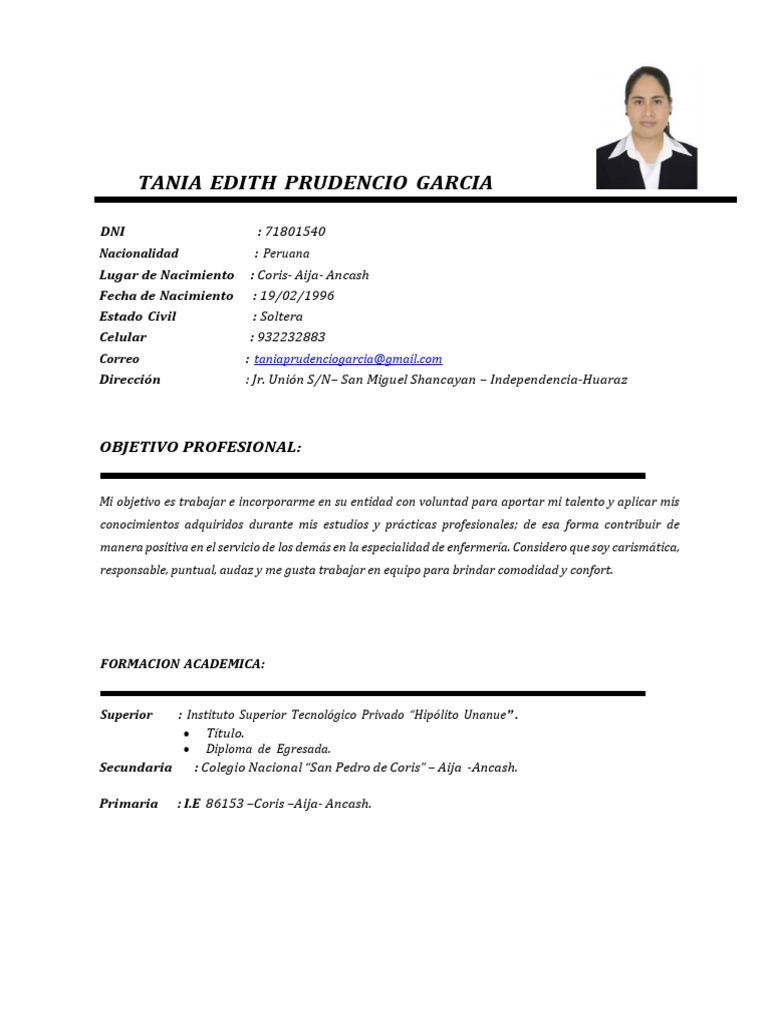 CV Actualizado de Tania Prudencio Garcia - Tec Enfermera | PDF ...
