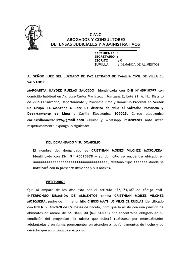Demanda de Alimentos Margarita Ruelas Salcedo | PDF | Pensión ...