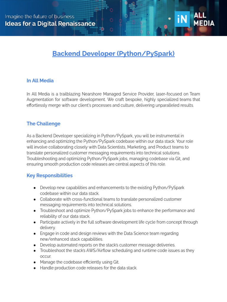 Backend Developer - 1238 - JD | PDF | Apache Spark | Apache Hadoop