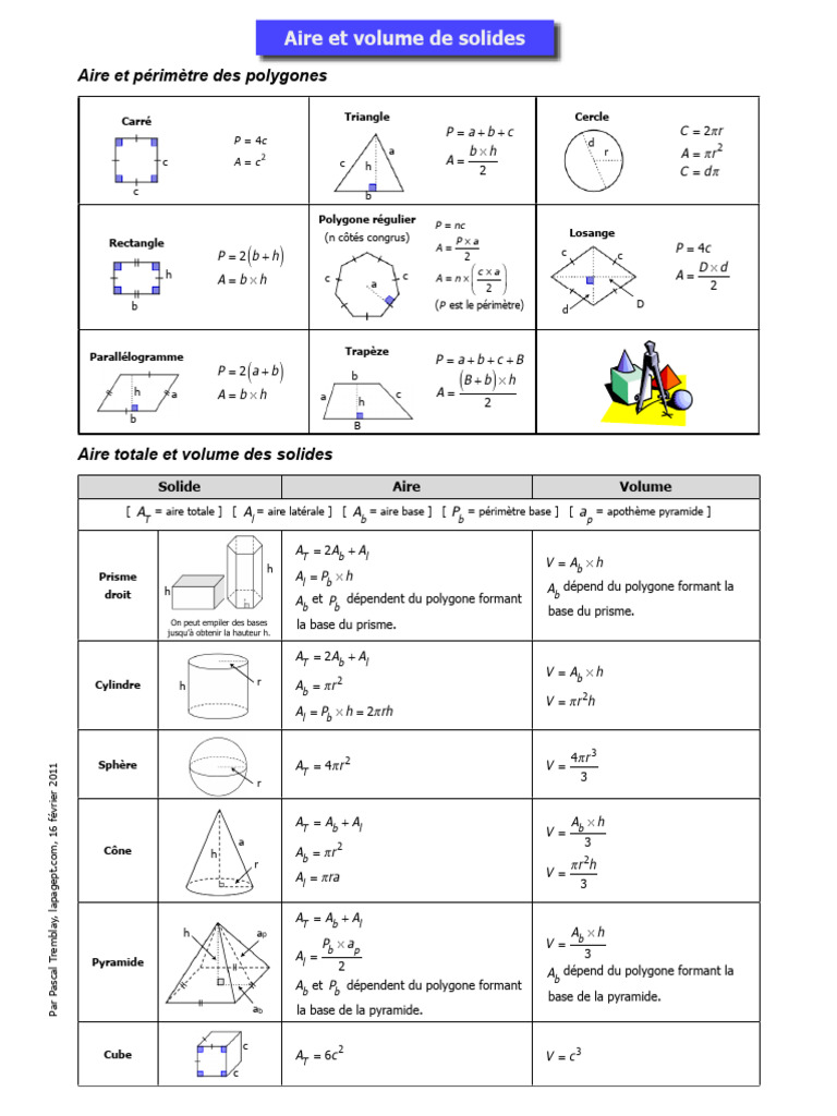 Formules d'aires et volumes des solides | PDF | Zone | Géométrie