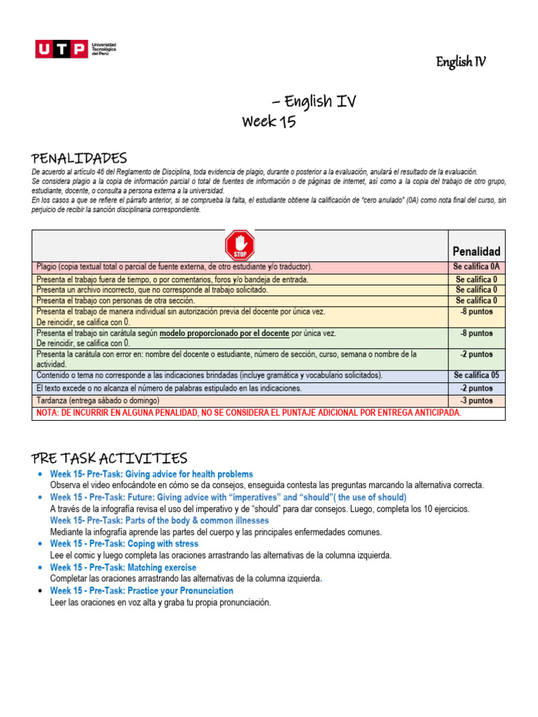 Week 15 - Indicaciones en Español - Inglés 4 | PDF | Gramática | Comunicación humana