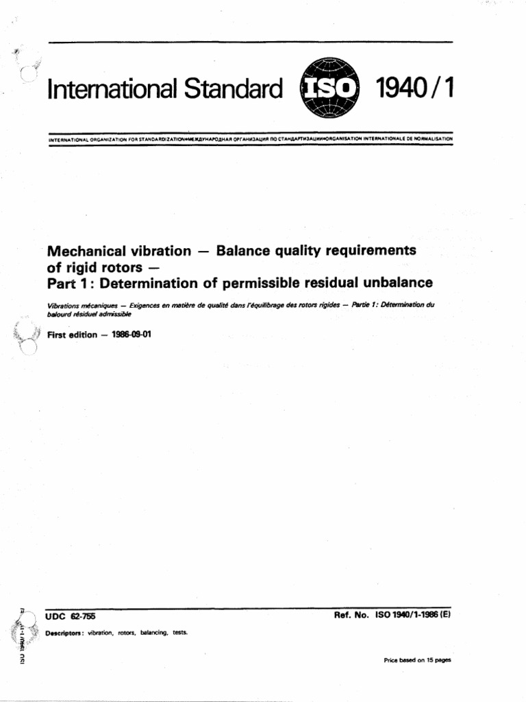ISO 1940-1 Balance Quality Requirements For Rigid Rotors | PDF