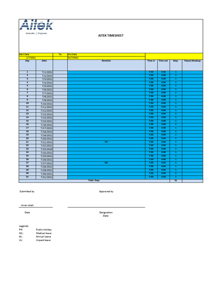 Timesheet Template AITEK | PDF