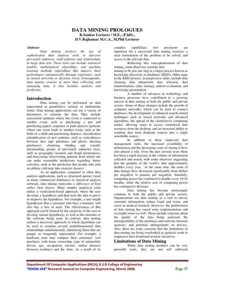 Data Mining Prologues: K.Sankar Lecturer / M.E., (P.HD) ., D.V.Rajkumar ...