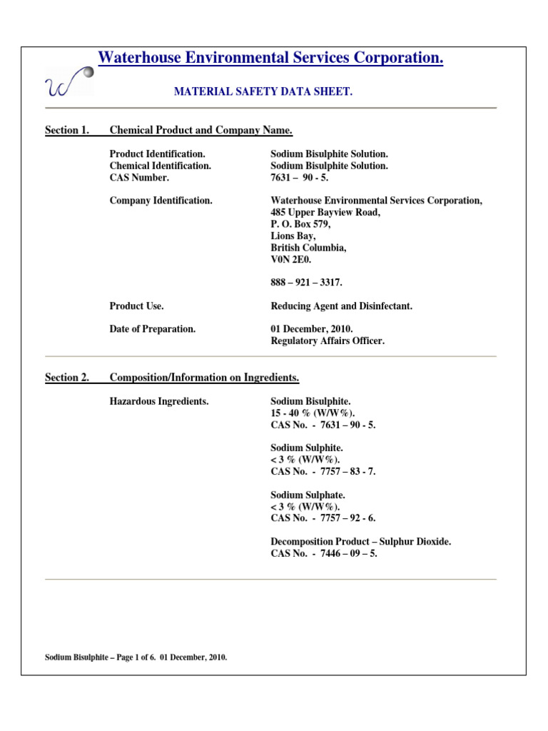 Sodium Bisulphite MSDS Overview | PDF | Materials | Occupational Safety ...