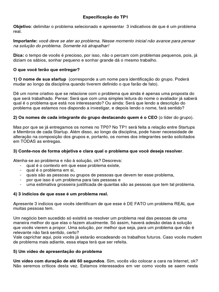 Especificação e Entrega do TP1 | PDF | Empresa Startup | Microempresas ...