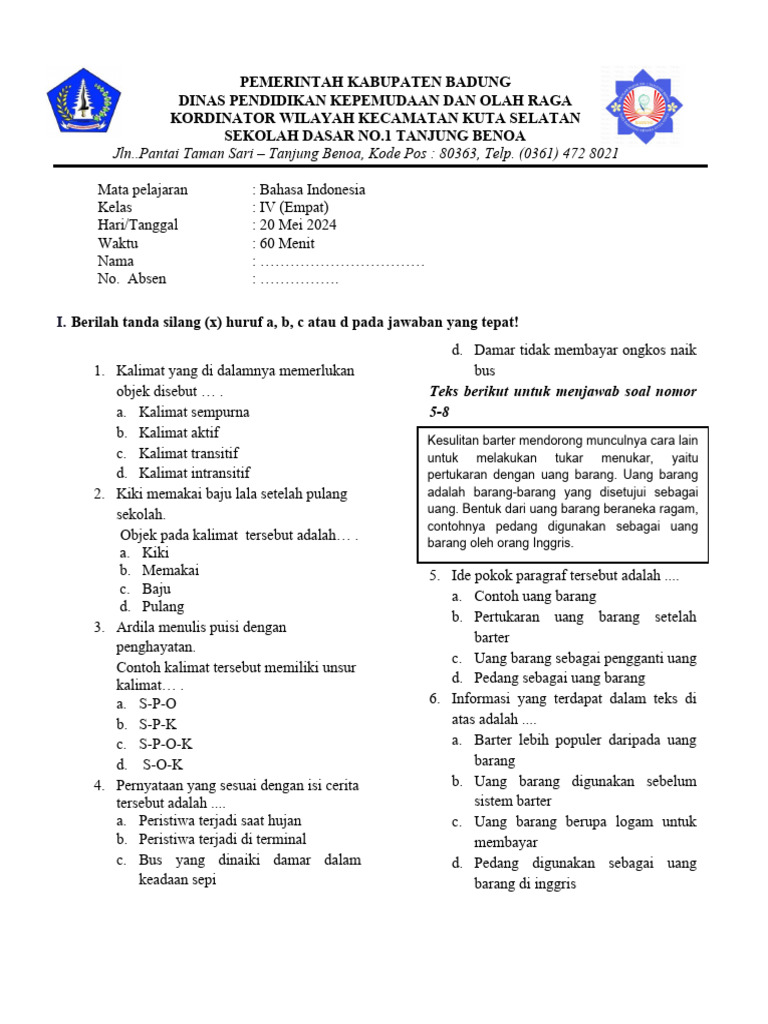 Soal Pas Bhs Indonesia Kls 4 Semester Genap | PDF