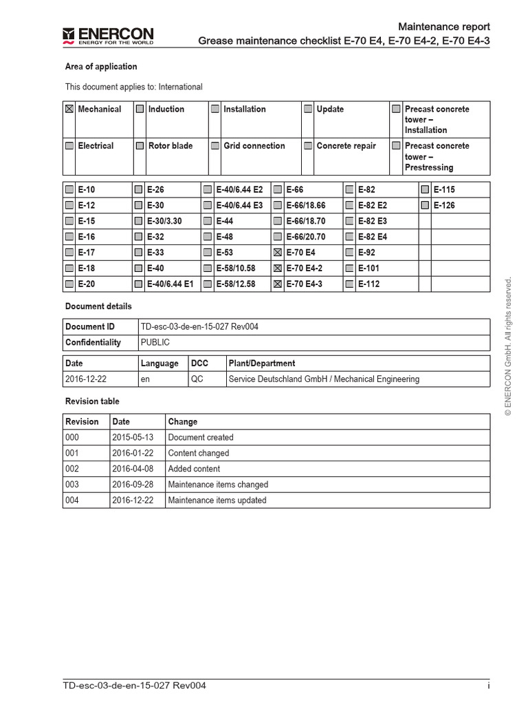 Maintenance Checklist for E-70 E4 Series | PDF