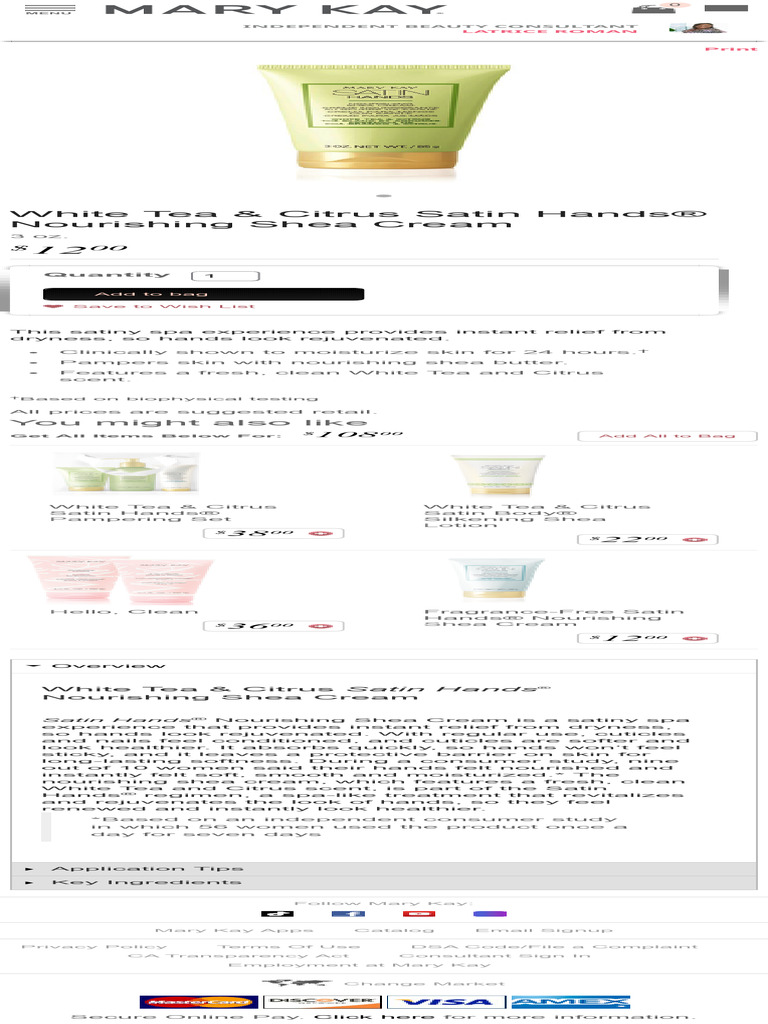 White Tea & Citrus Satin Hands® Nourishing Shea Cream Mary Kay | PDF