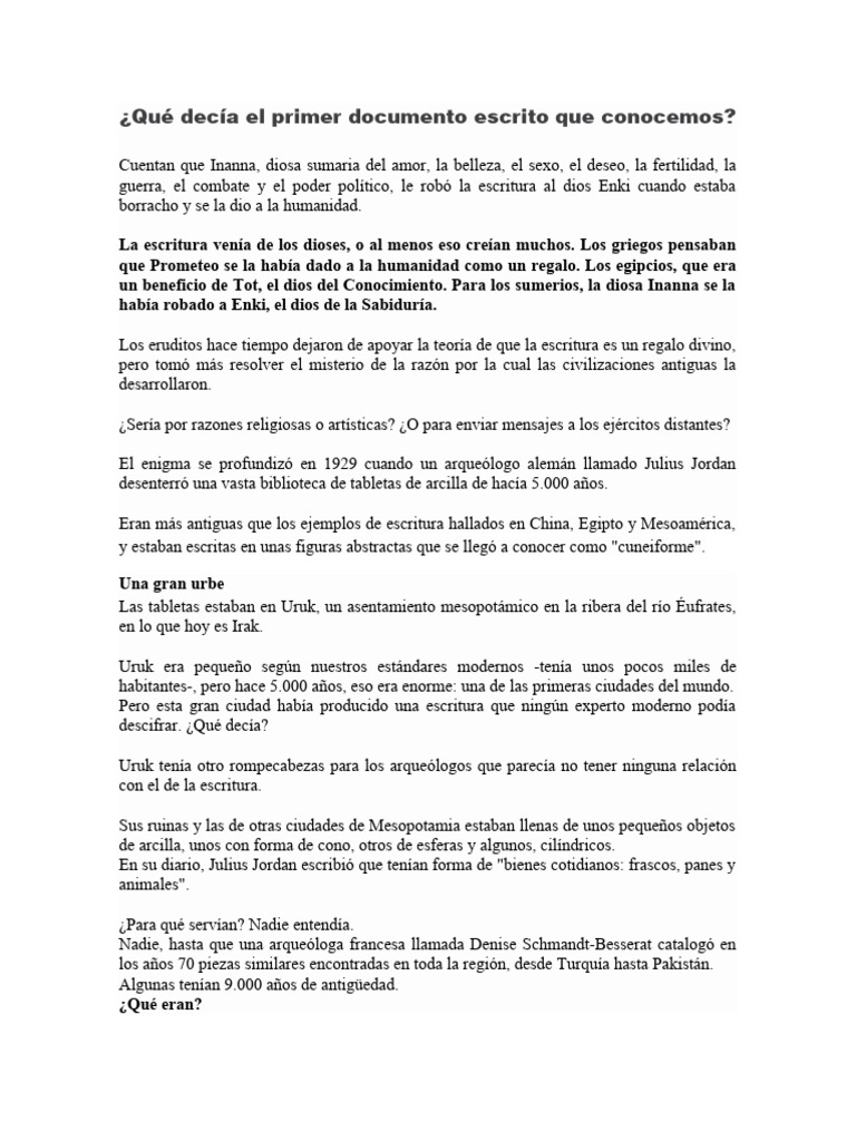 Qué Decía El Primer Documento Escrito Que Conocemos | PDF | Escritura ...