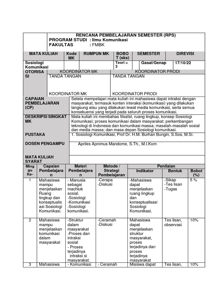 RPS RPP Sosiologi Komunikasi | PDF